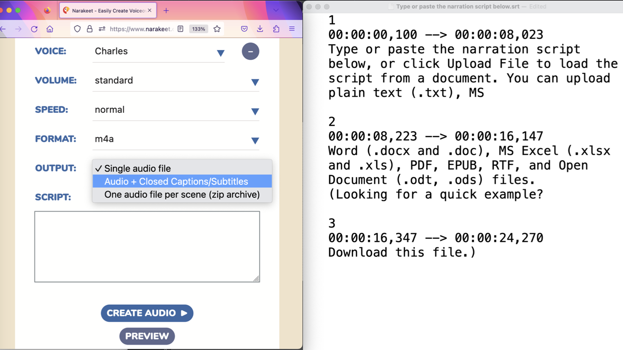 Make closed captions and subtitles for text to speech audio Make closed captions and subtitles for text to speech audio